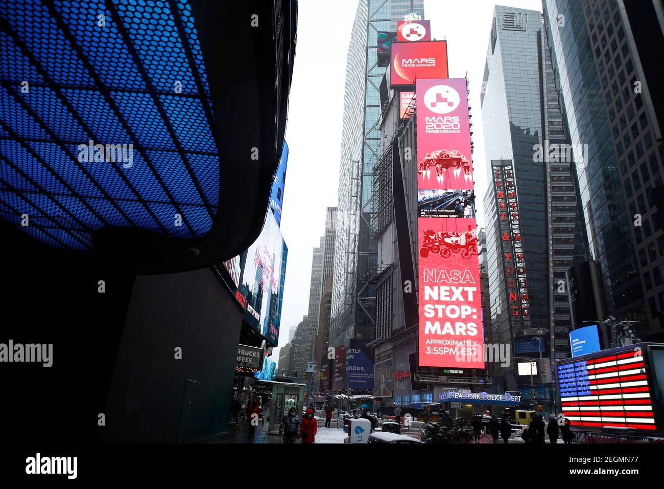 Jumbotron in Times Square displays the announcement of the landing of ...