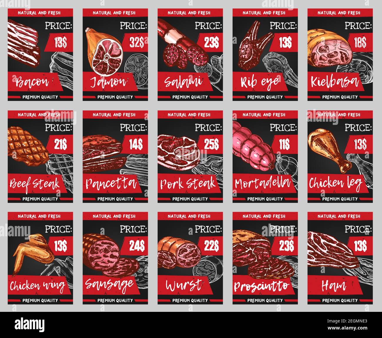 Meat market, butchery shop products banners. Pork sausages, veal ham ...