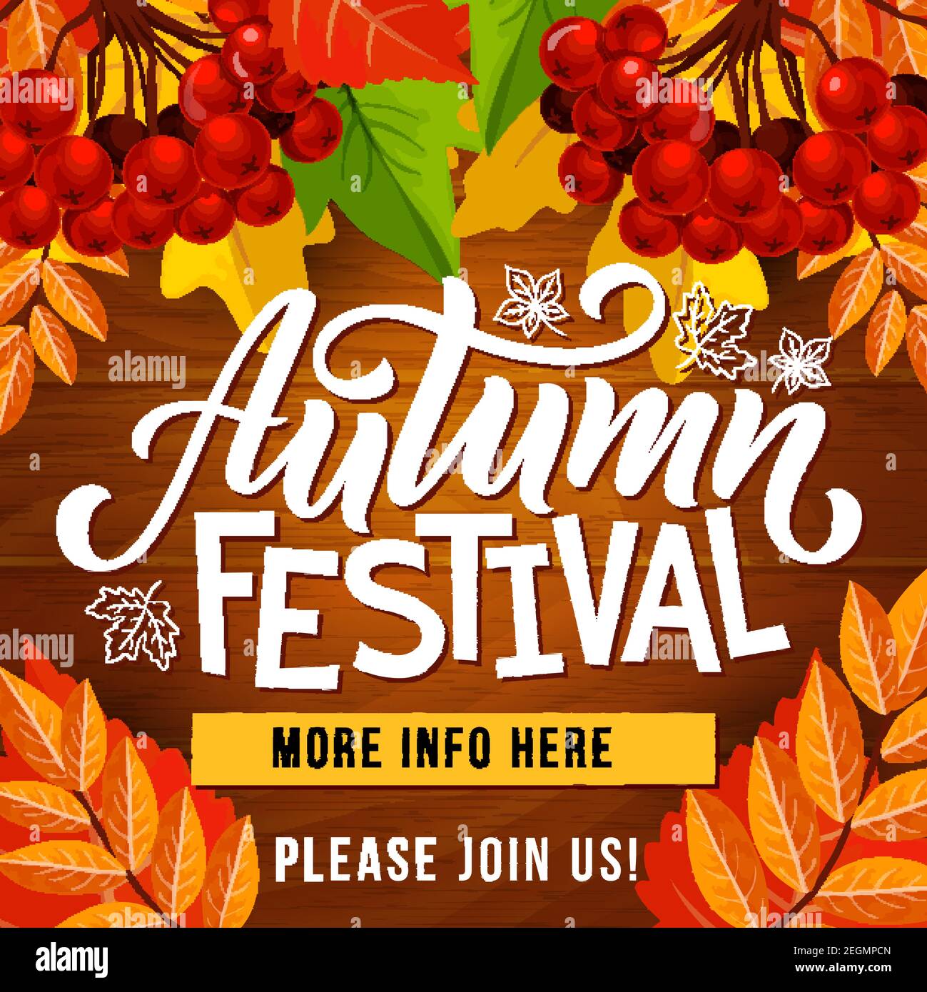 Autumn festival invitation poster with fallen leaf frame on wooden ...