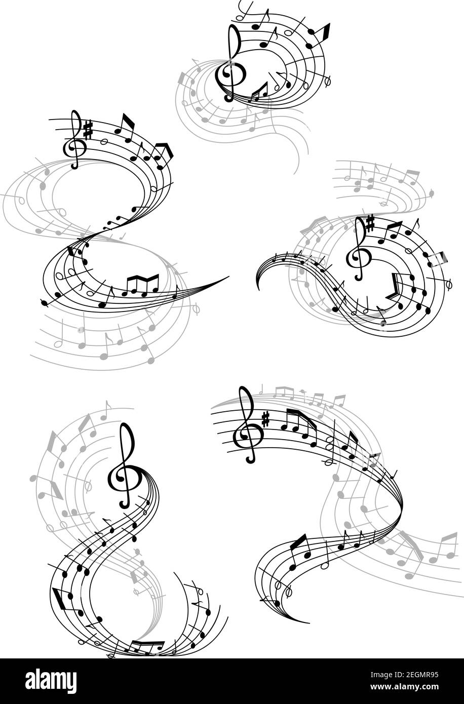 Music notes waves icons of musical staff and clef symbols. Vector ...