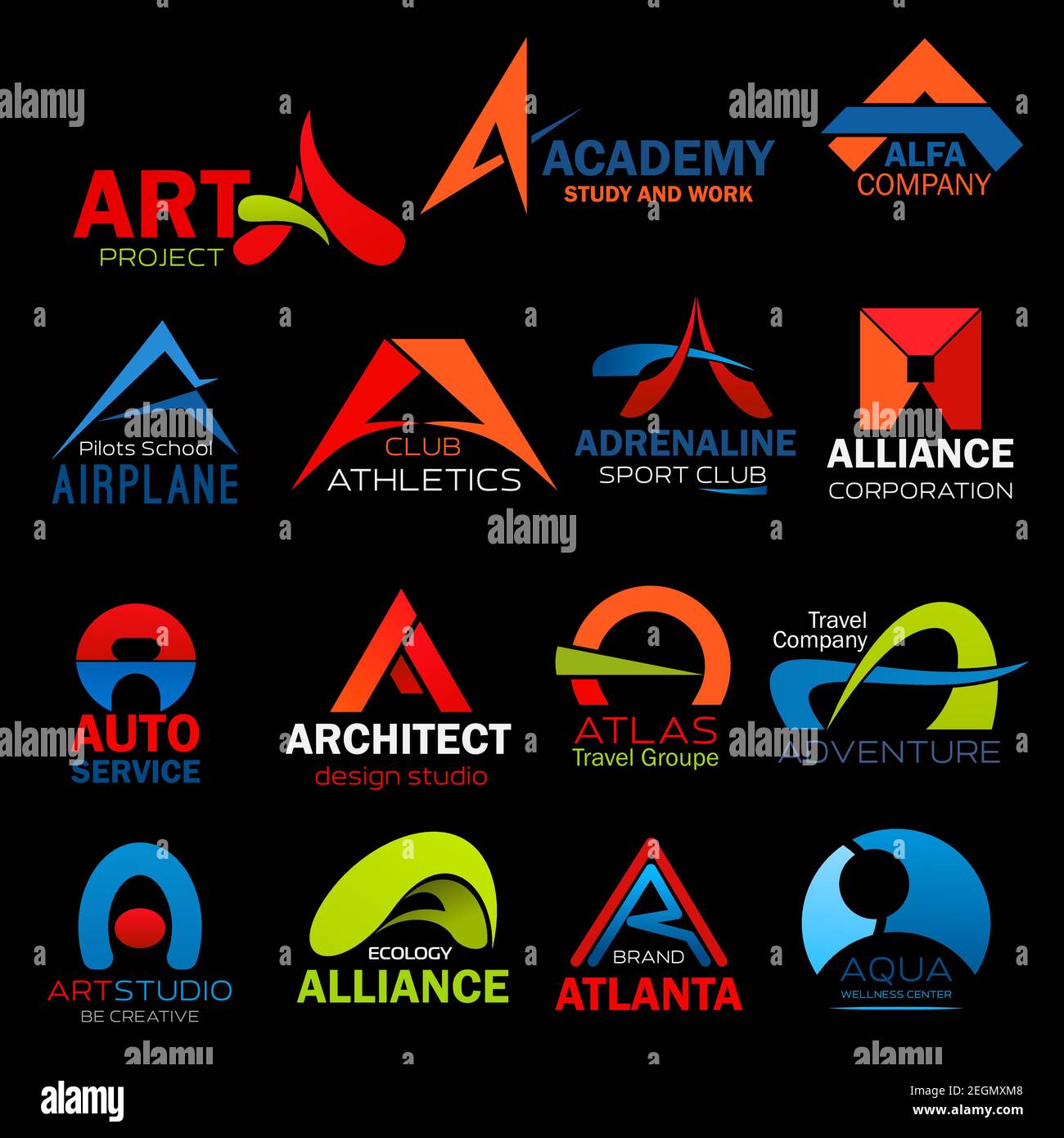 Letter A icons set for art or architect design studio and construction ...
