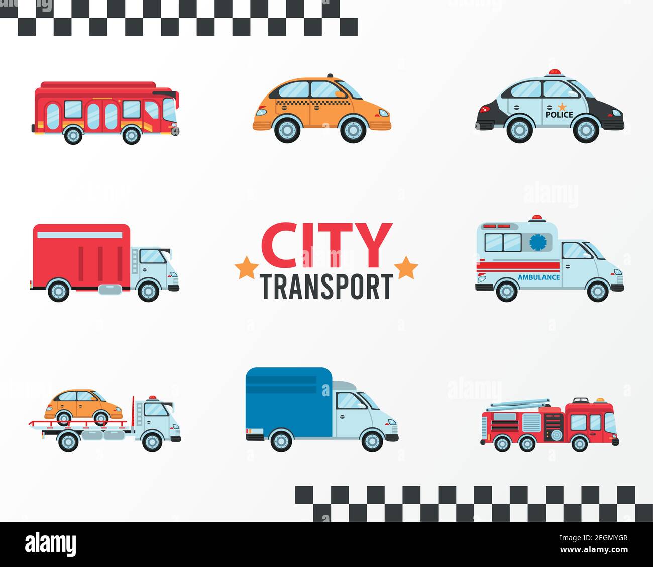 city transport lettering and bundle of eight vehicles vector ...