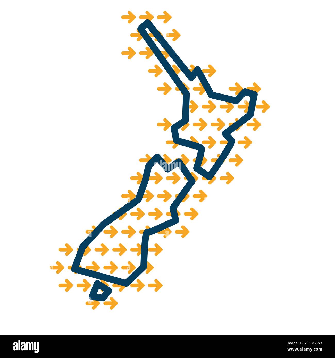 New Zealand simple outline map with yellow direction guide arrows Stock ...