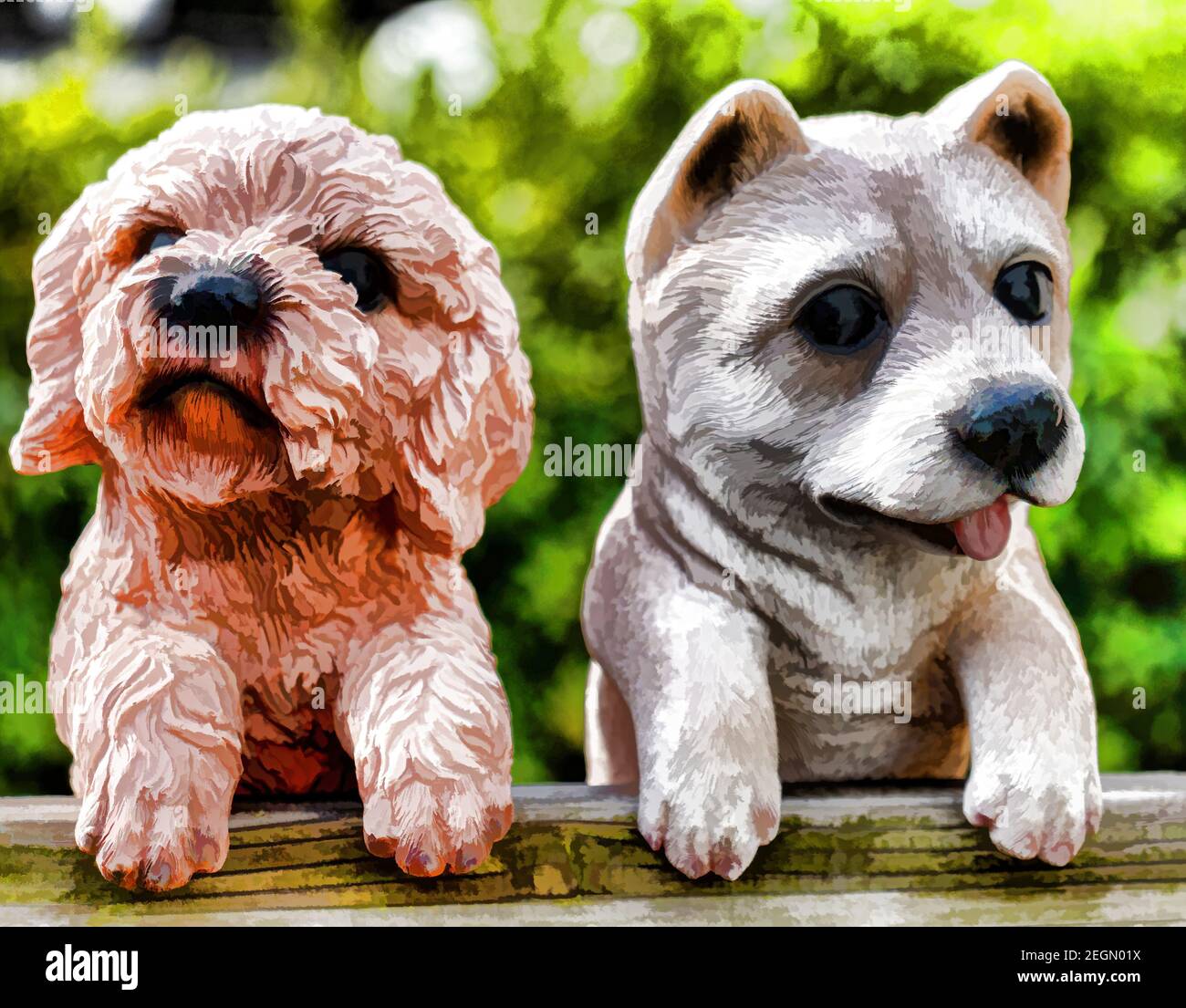 2 stone statues of puppies that rest with their 'paws' on the edge of a ...