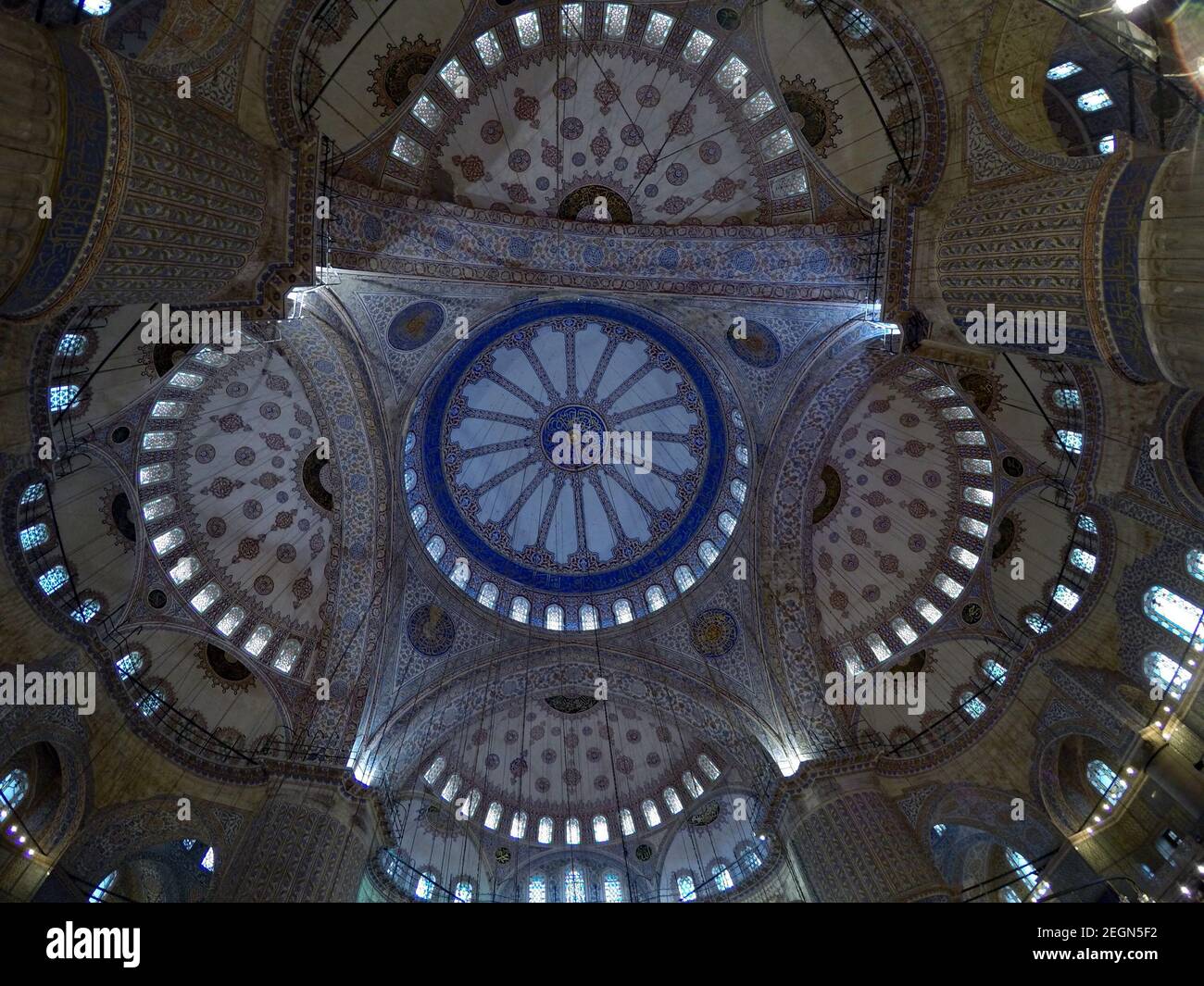 Interior of the Blue Mosque ceiling dome, blue patterns decorate the ...