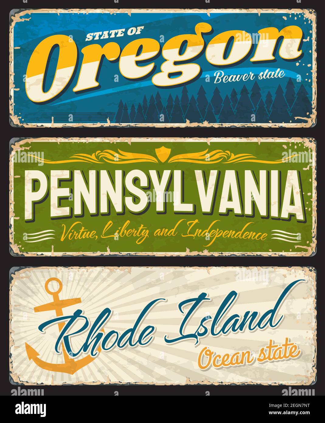 USA states old and shabby signs rusty metal plates. Oregon ...