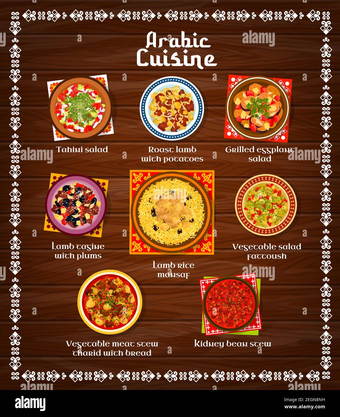 Arabic food restaurant menu template. Kidney bean and meat stew tharid ...