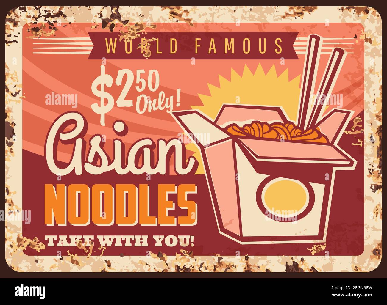 Asian noodles rusty metal plate, vector wok box and chopsticks vintage ...