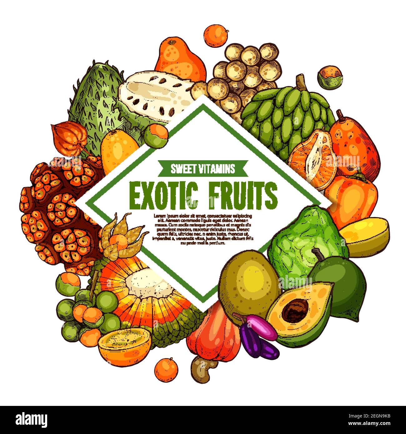 Exotic fruits sketch poster. Vector tropical fruit harvest of pandan ...