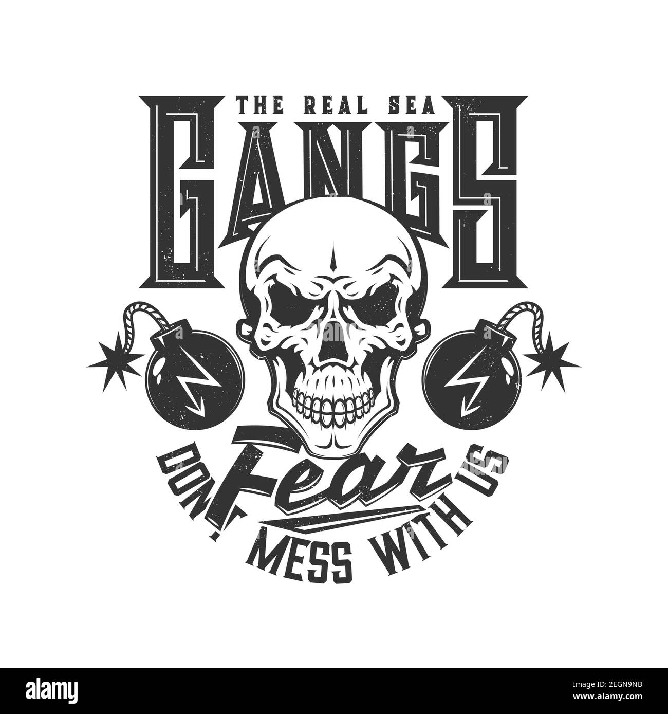 Skull, pirate t-shirt print, skeleton and bombs vector icon. Sea gang ...