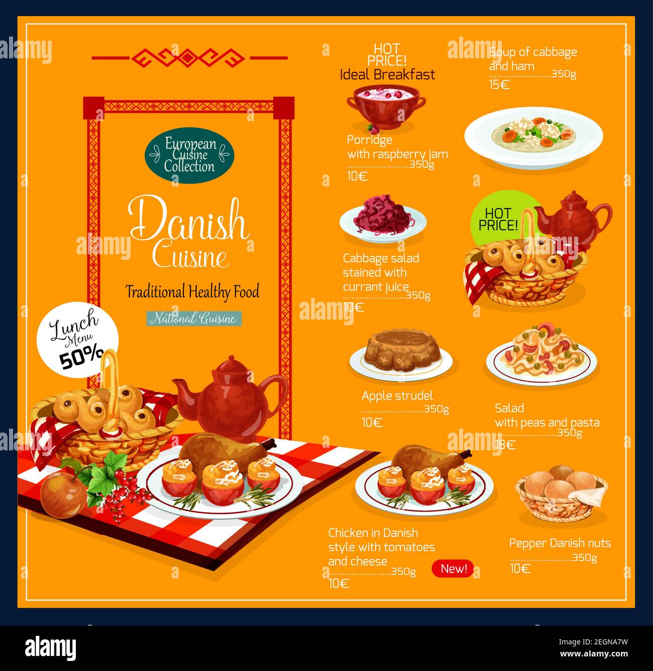 Danish cuisine traditional food menu. Vector lunch and breakfast offer ...