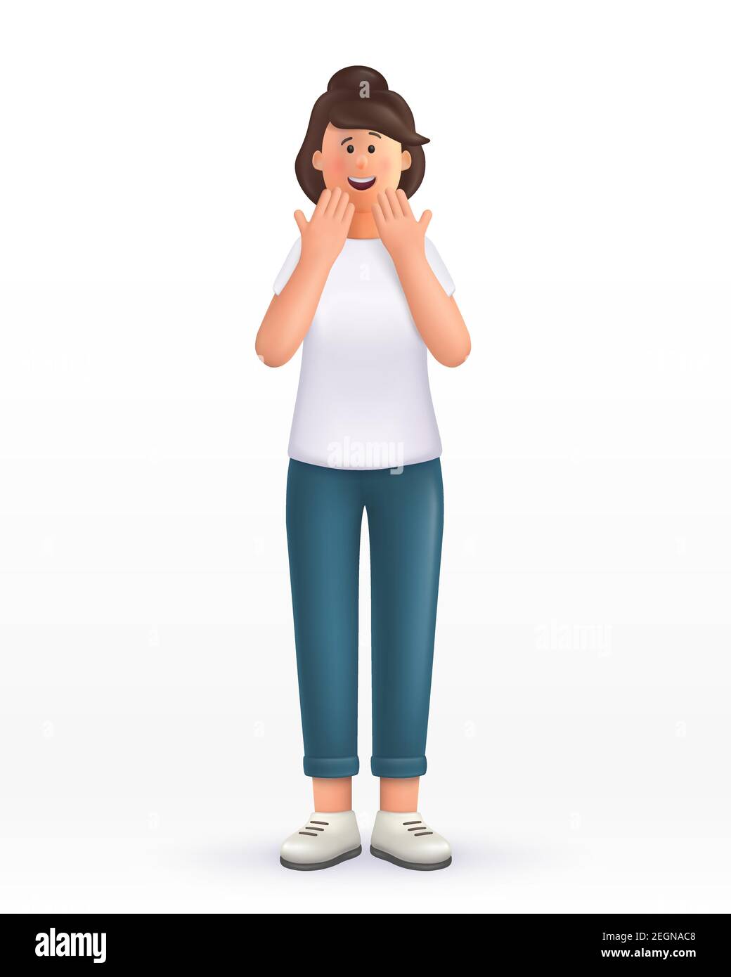 3D cartoon character. Young woman receiving a compliment, emotions of ...