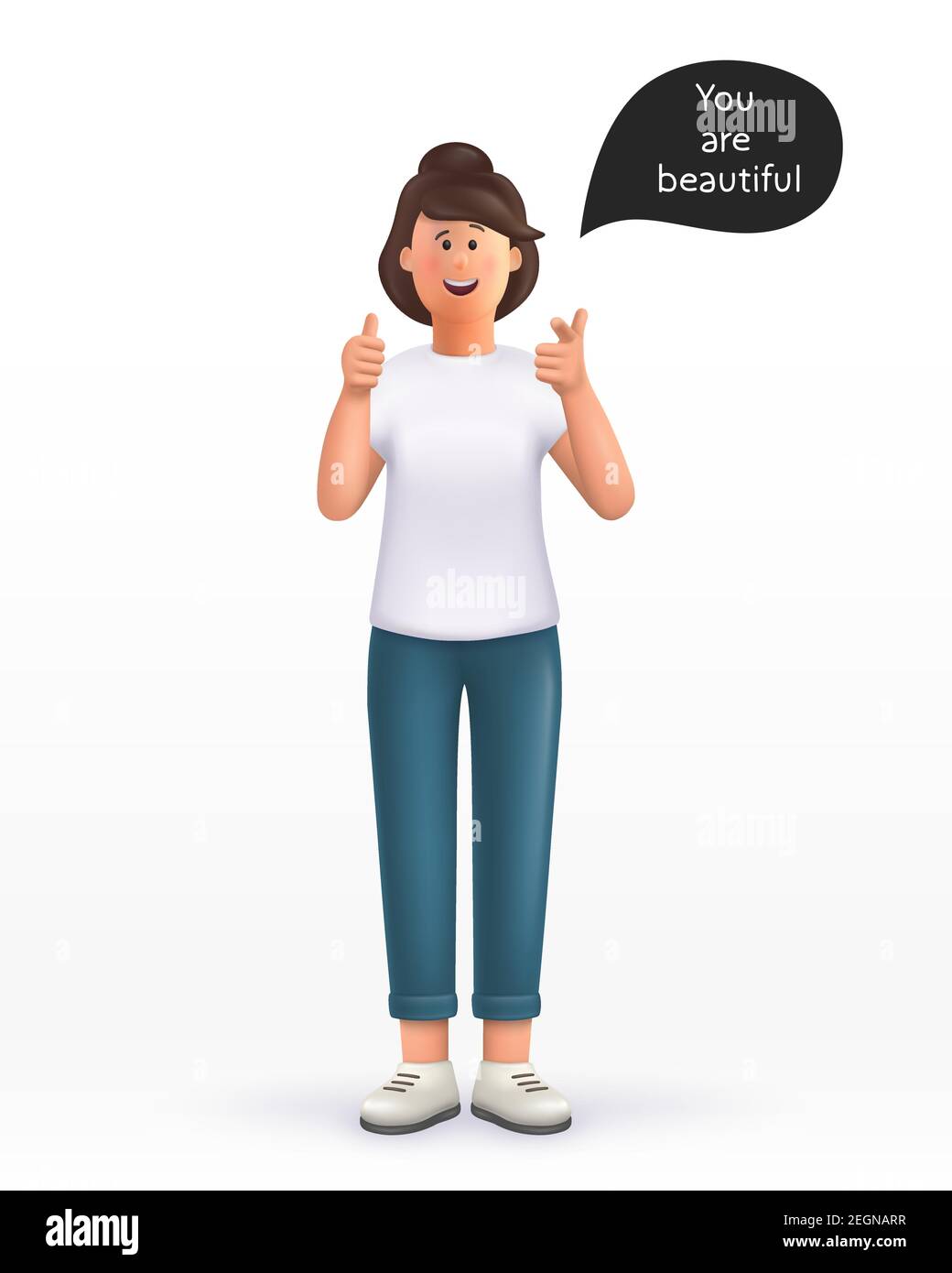 3d Cartoon Character Young Woman Showing Thumb Up In Approval And Pointing Her Finger To You 