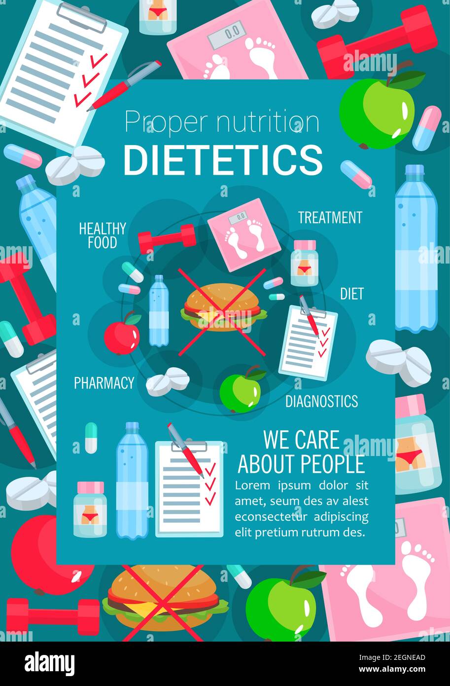 Dietetics and proper nutrition poster for healthy food and diet. Vector ...