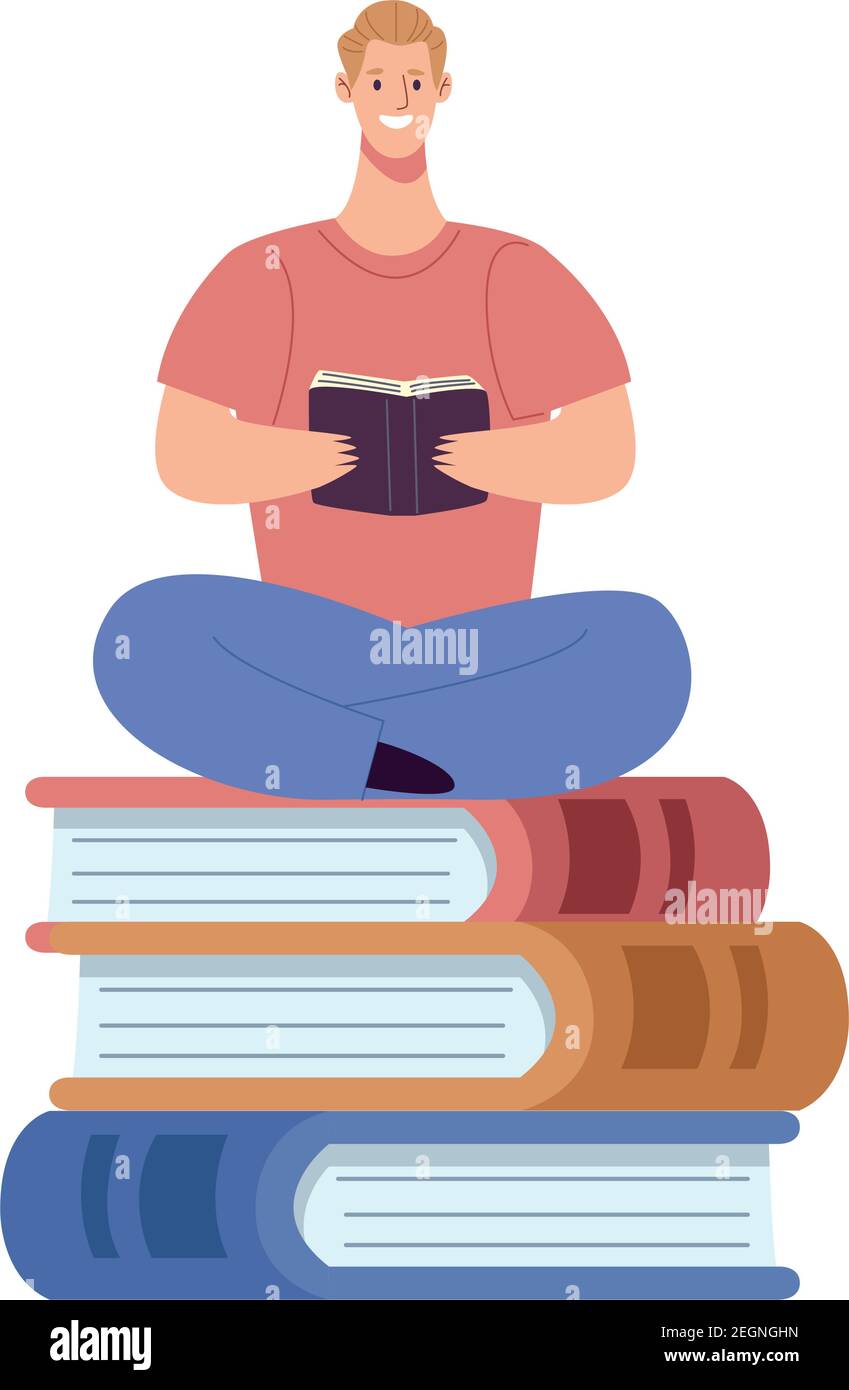 reader man reading book seated in lotus position character vector ...