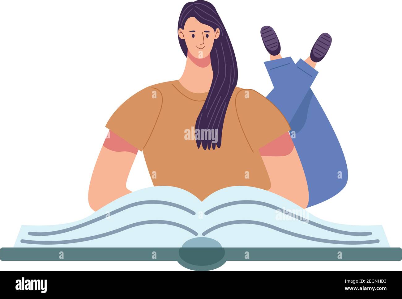 reader girl reading book lying down character vector illustration ...