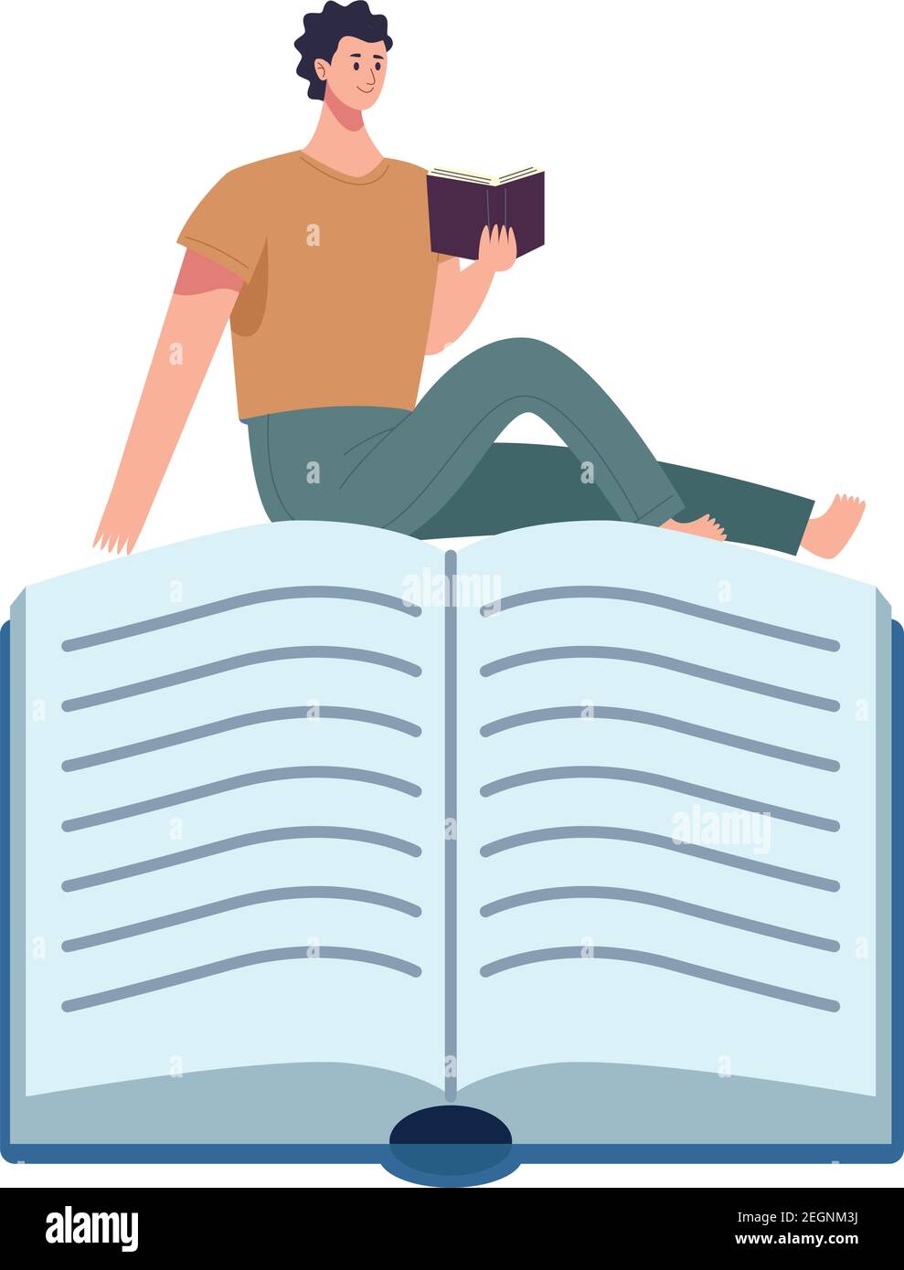 Reader Man Reading Book Seated In Book Character Vector Illustration