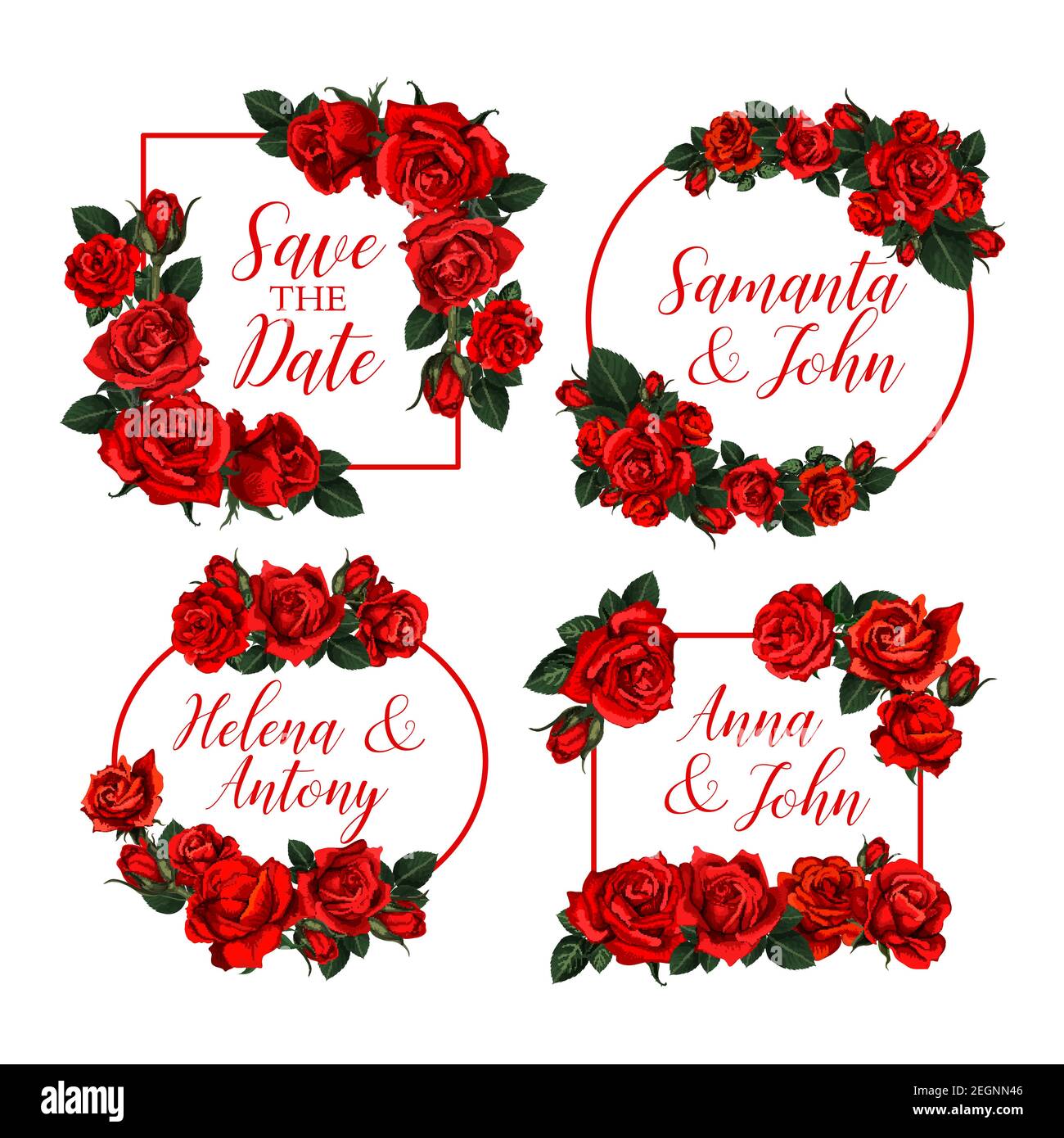Save the Date floral frames of red roses flowers for engagement party ...