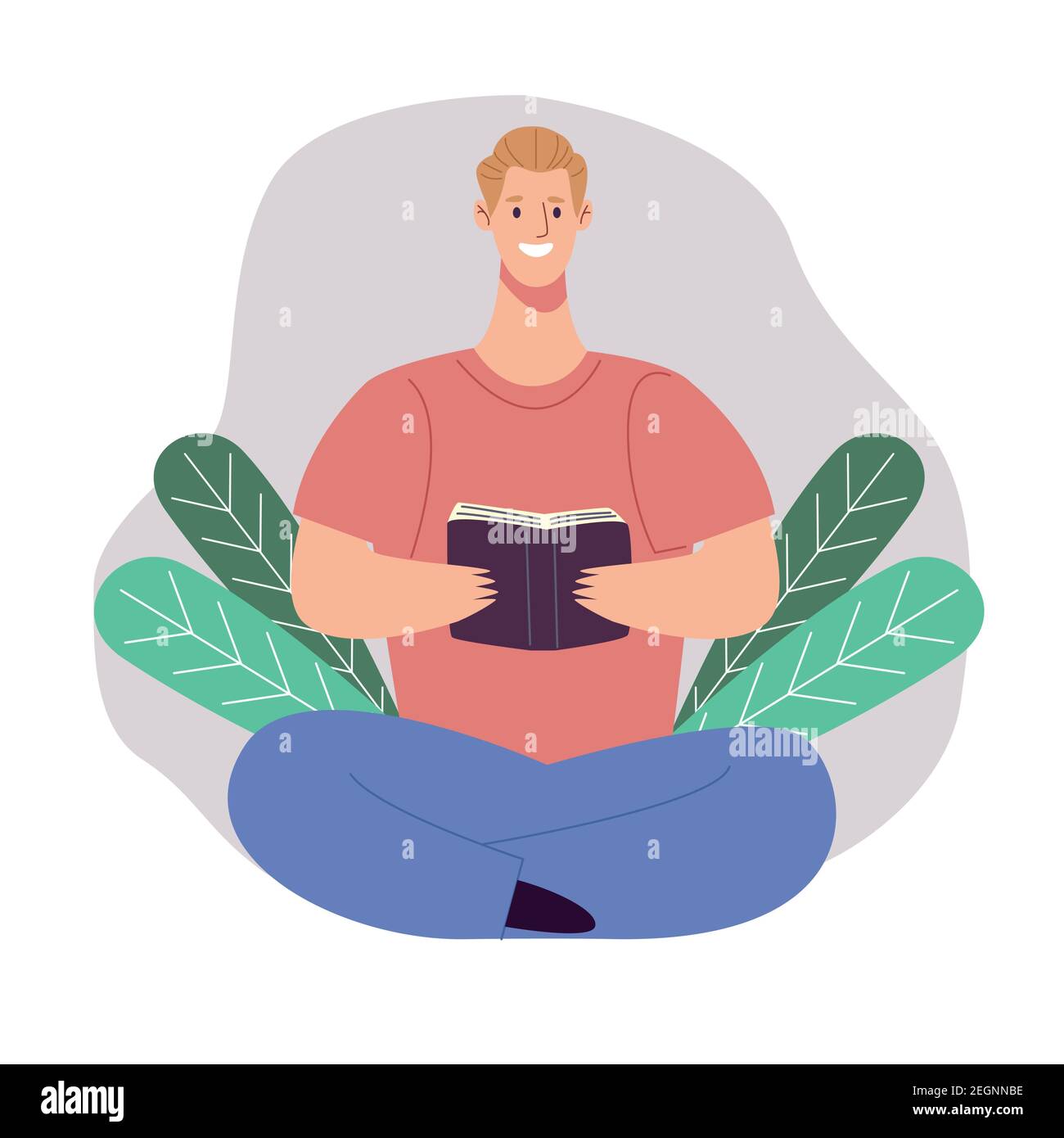 blond reader man reading book seated in lotus position with leafs ...