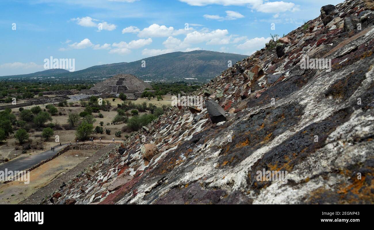 Pyramid of the moon, stone wall with pointy stones sticking out at the ...
