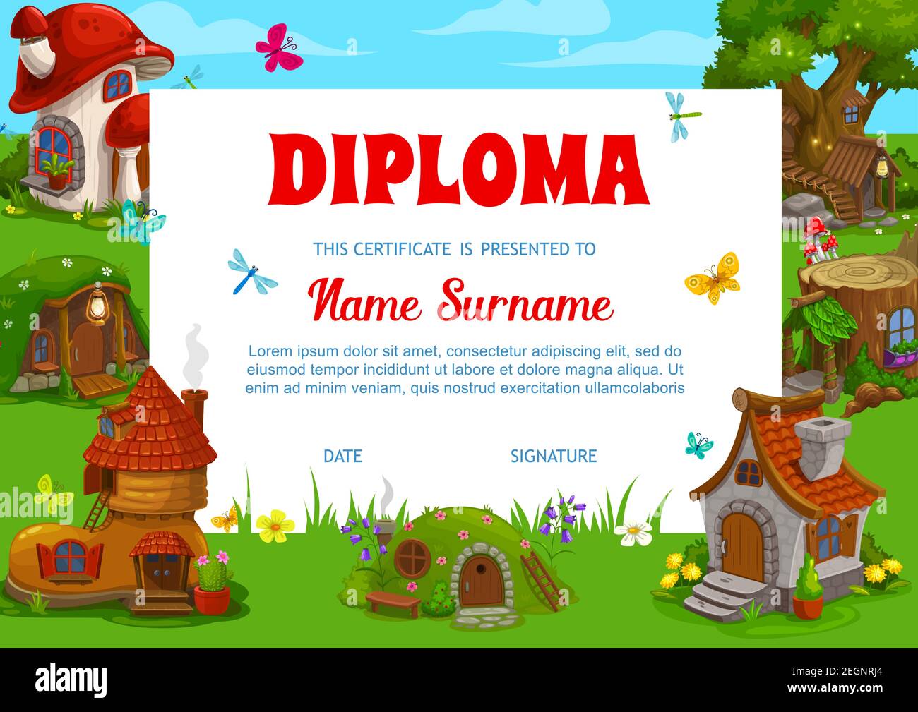 School diploma vector template with cartoon dwarf, gnome and fairy ...