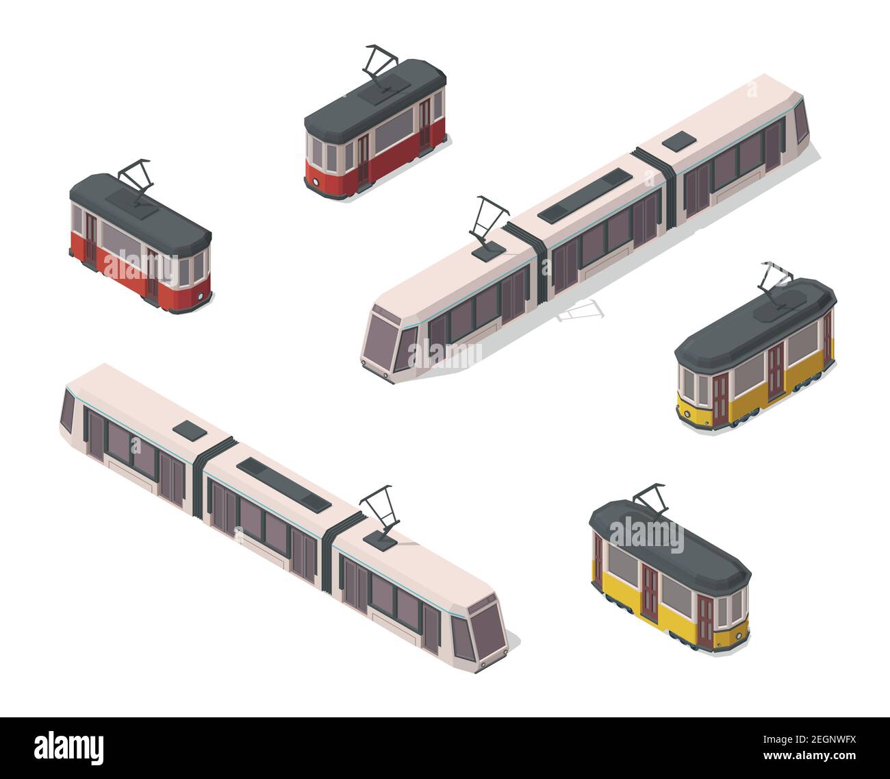 Vector isometric illustration of yellow, red and white trams. Railroad ...