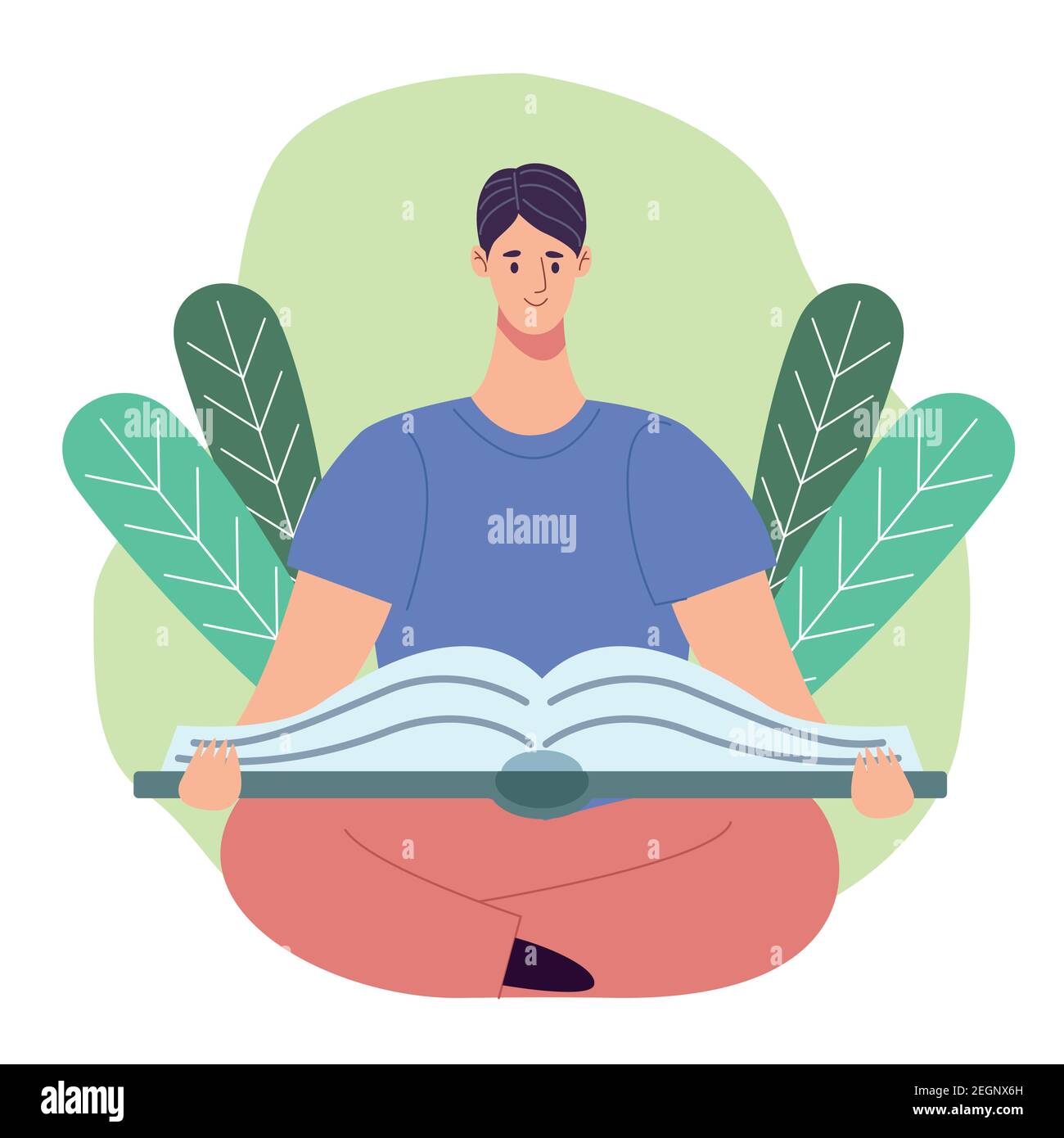 Reader Man Reading Book Seated In Lotus Position With Leafs Vector