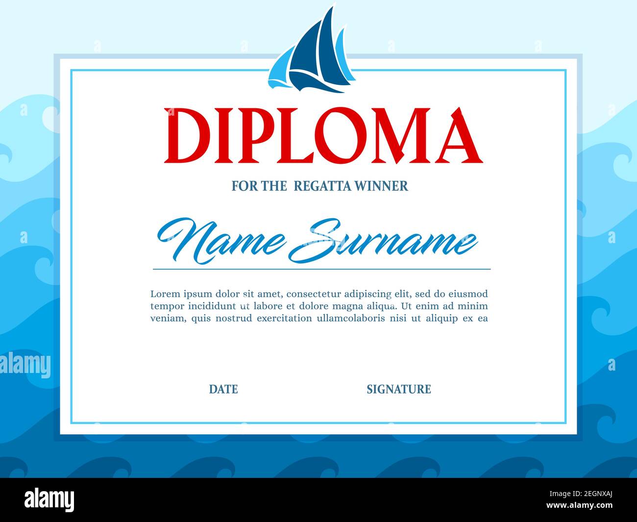 Sailing regatta winner diploma template. Yacht sport competition, boat ...