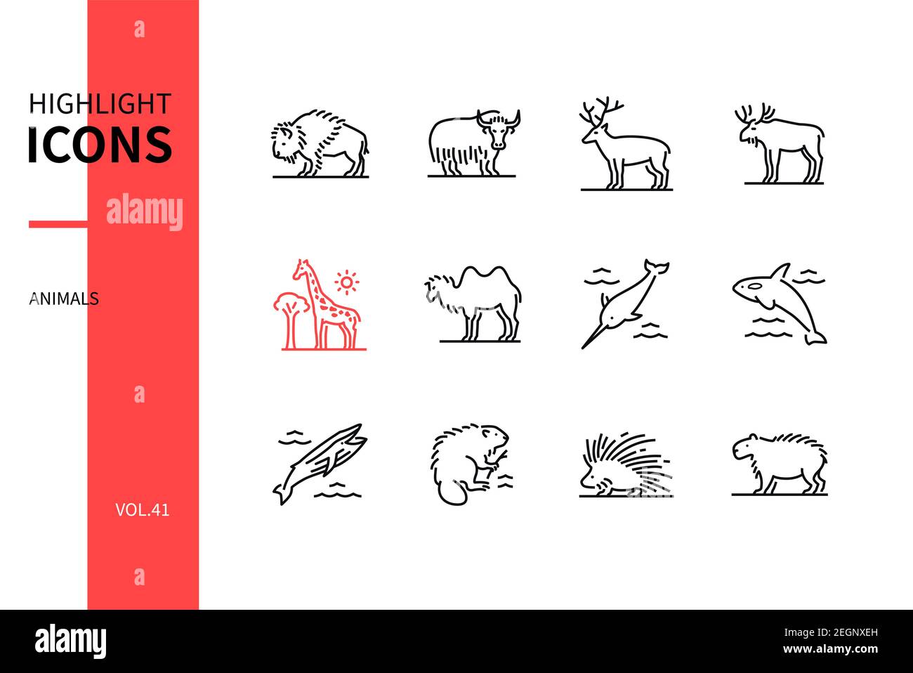 Animals collection - modern line design style icons set. Black and ...