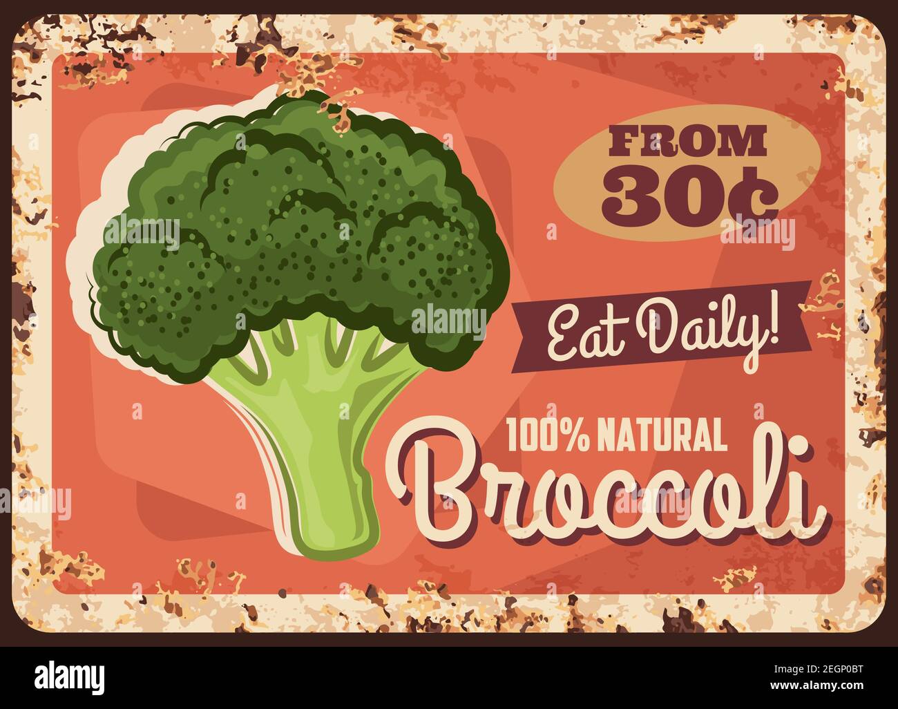 Broccoli metal plate rusty, cabbage vegetable farm poster, vector retro ...