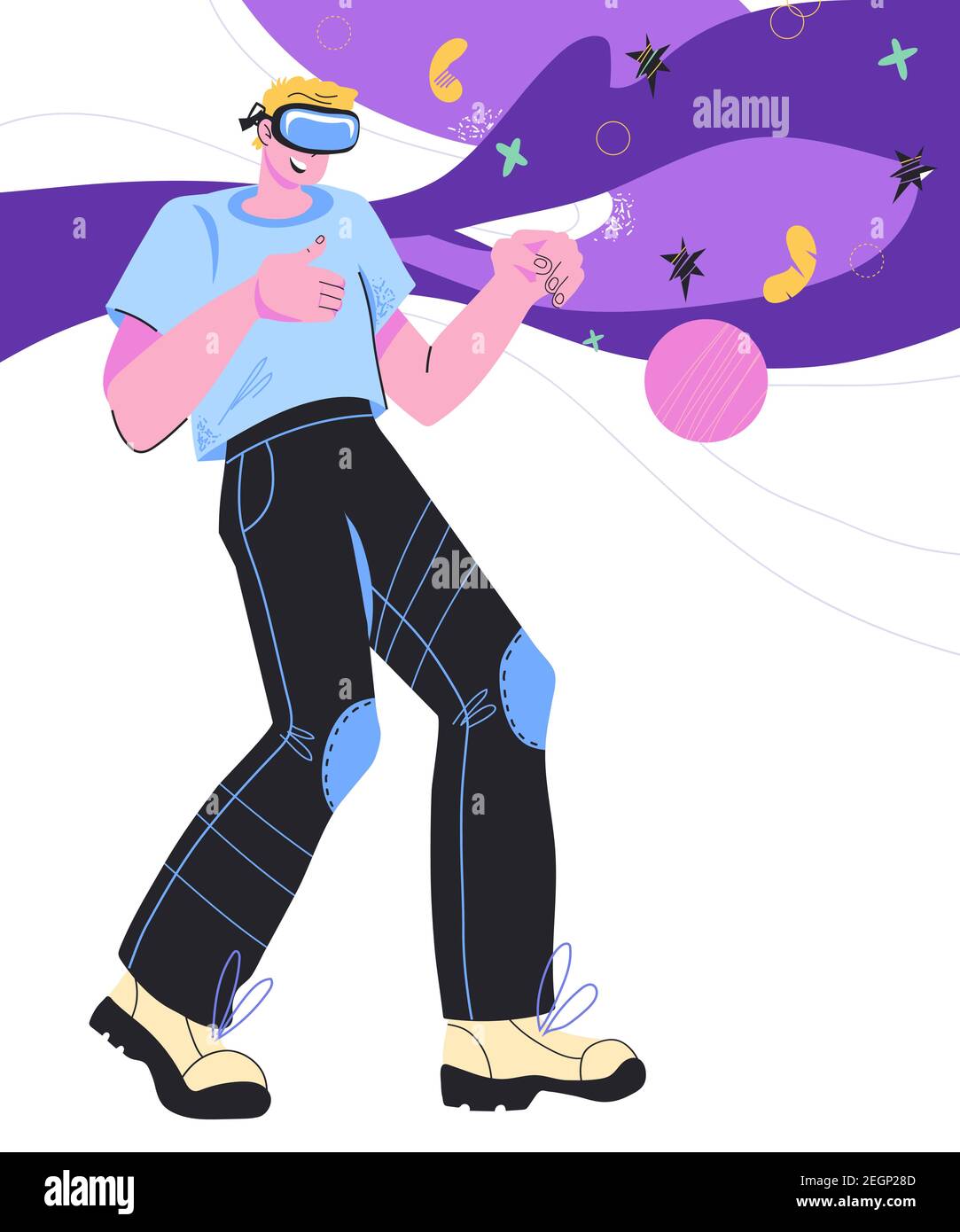 Man in virtual reality glasses exploring augmented reality, cartoon ...