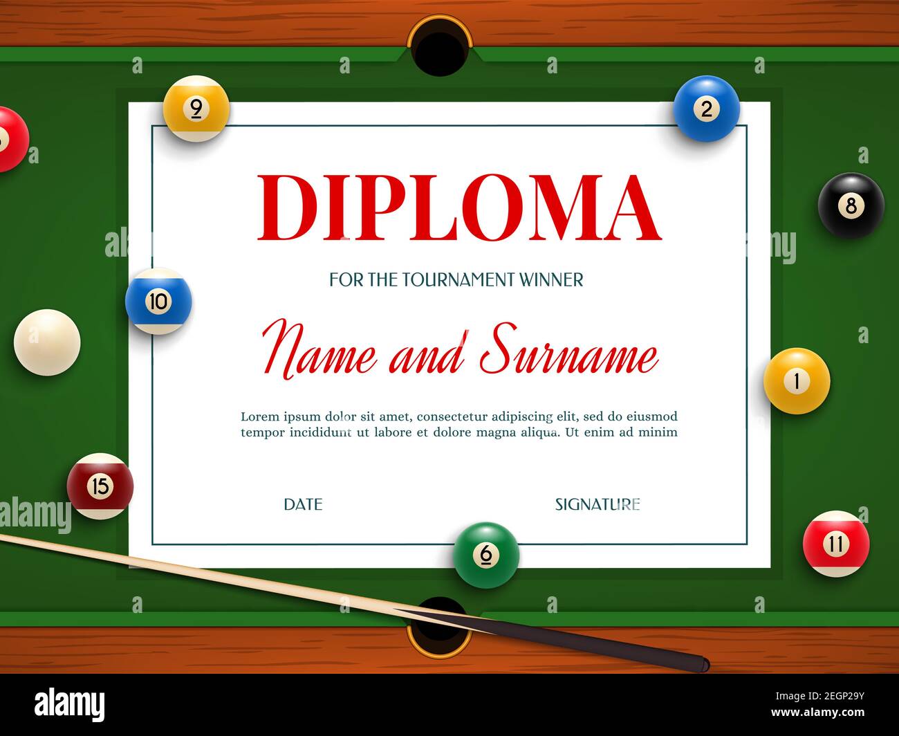 Diploma for billiard tournament winner, certificate of participation ...