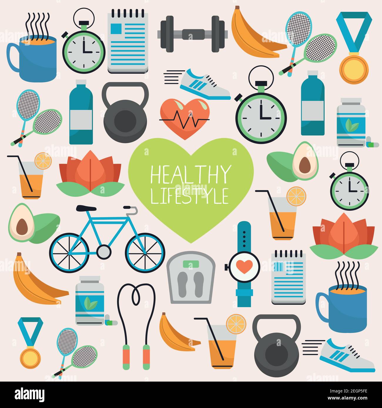 heart with healthy lifestyle set icons pattern vector illustration ...