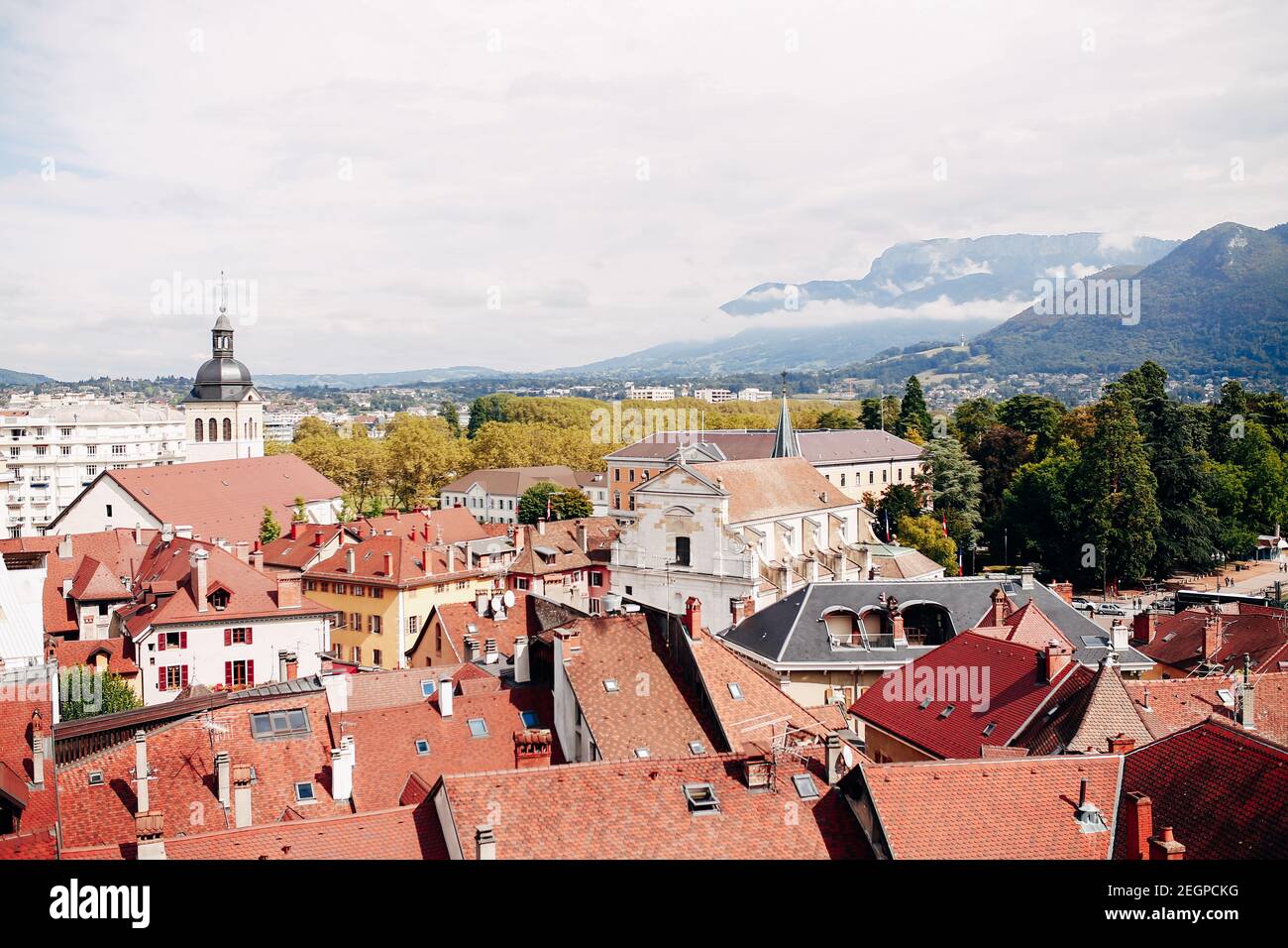 Annecy city top view, lake in the distance. Tile roofs, Cathedral Stock ...