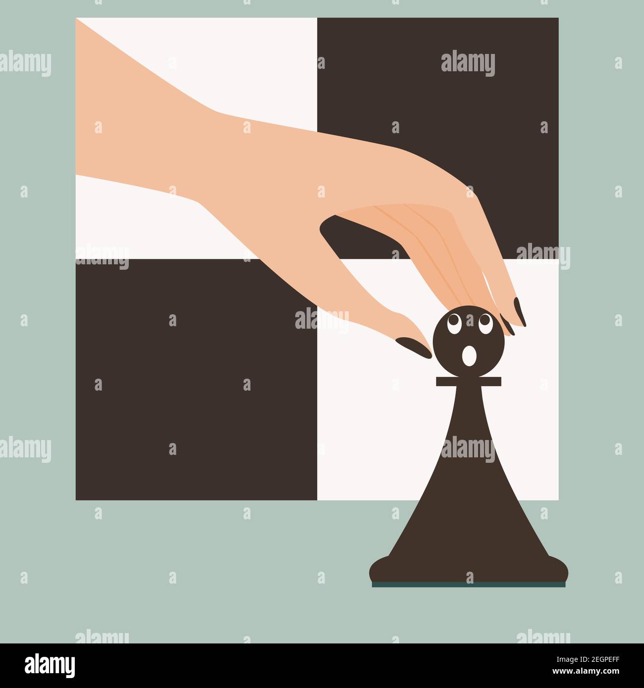 Human hand is going to take chess pawn. Pawn in shock. Funny vector ...