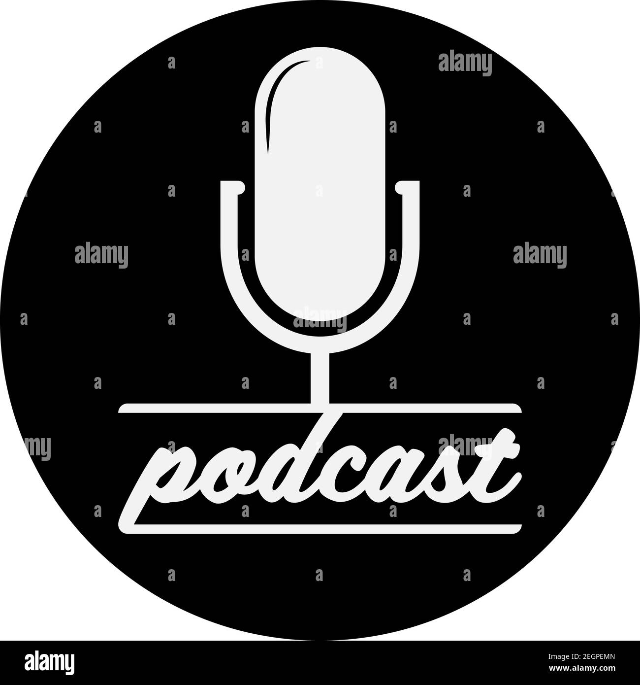 round black and white PODCAST icon or logo with recording microphone ...