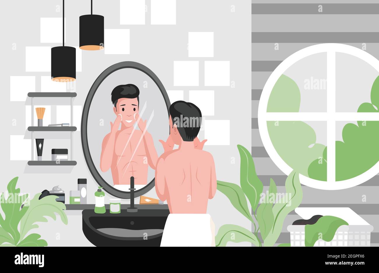 Man shaving, cleansing face in bathroom vector flat illustration. Male ...