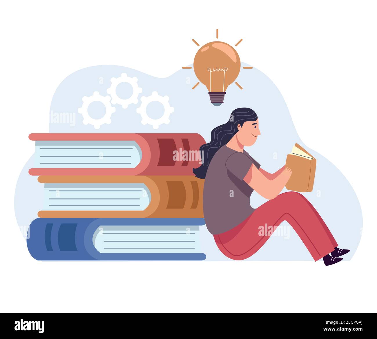 Reader Girl Reading Book Seated With Pile Books And Bulb Vector