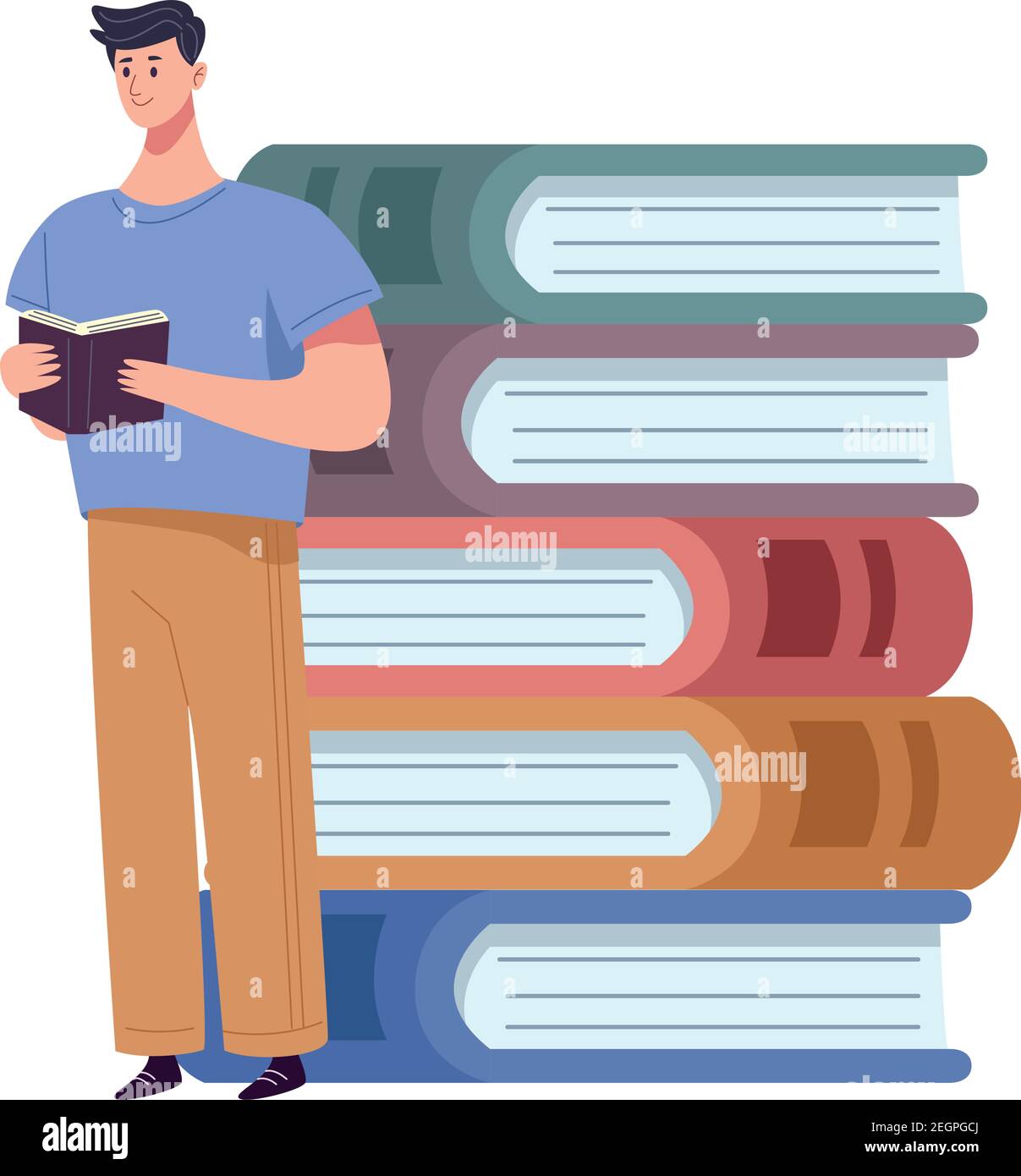 reader man reading book standing with pile books character vector ...