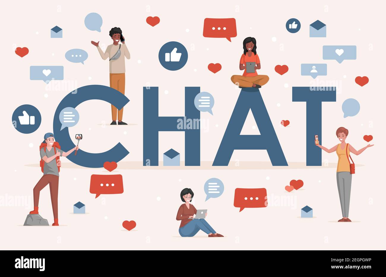 Chat word vector flat banner template. Happy people speaking on ...