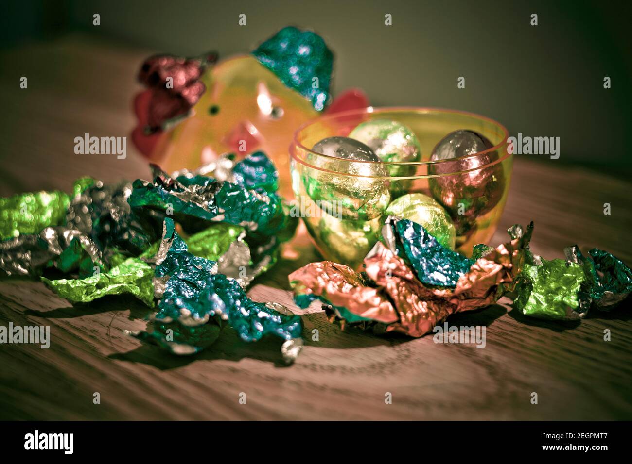 empty chocolate egg wrappers, eating too much chocolate, Easter, candy ...