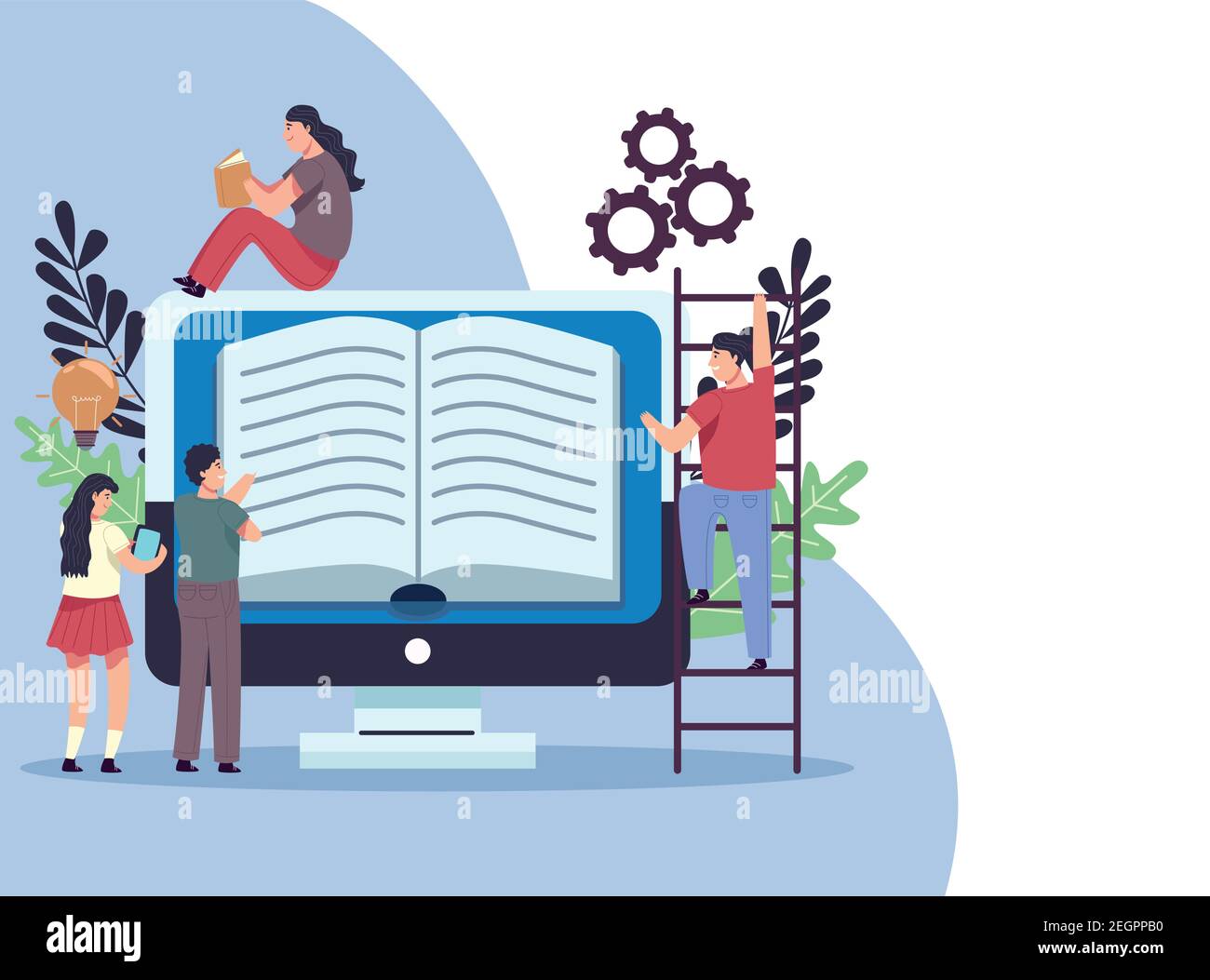 readers with books and desktop characters vector illustration design ...