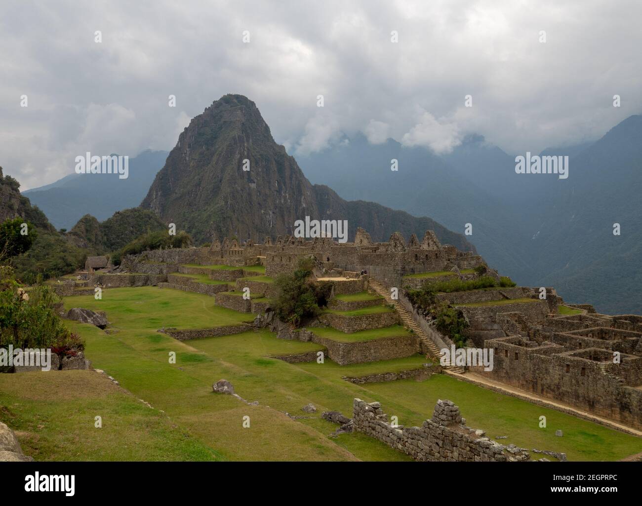 Machu Picchu interior terraces with Wayna Picchu mountain in the ...