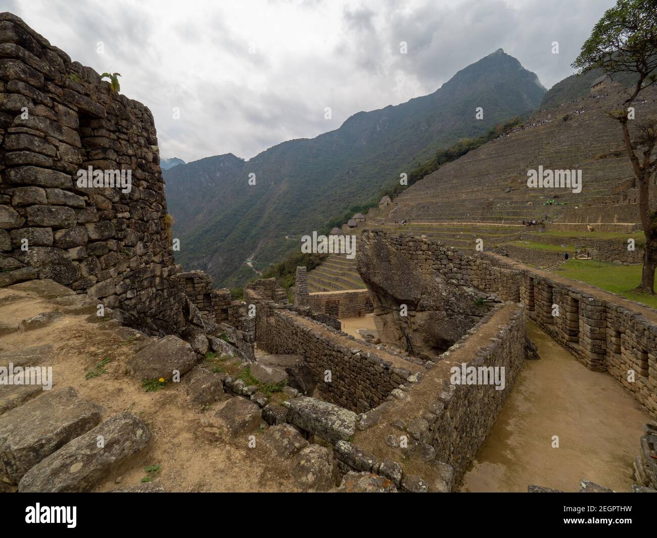 Temple of the condor at Machu Picchu, terraces and mountains on the ...
