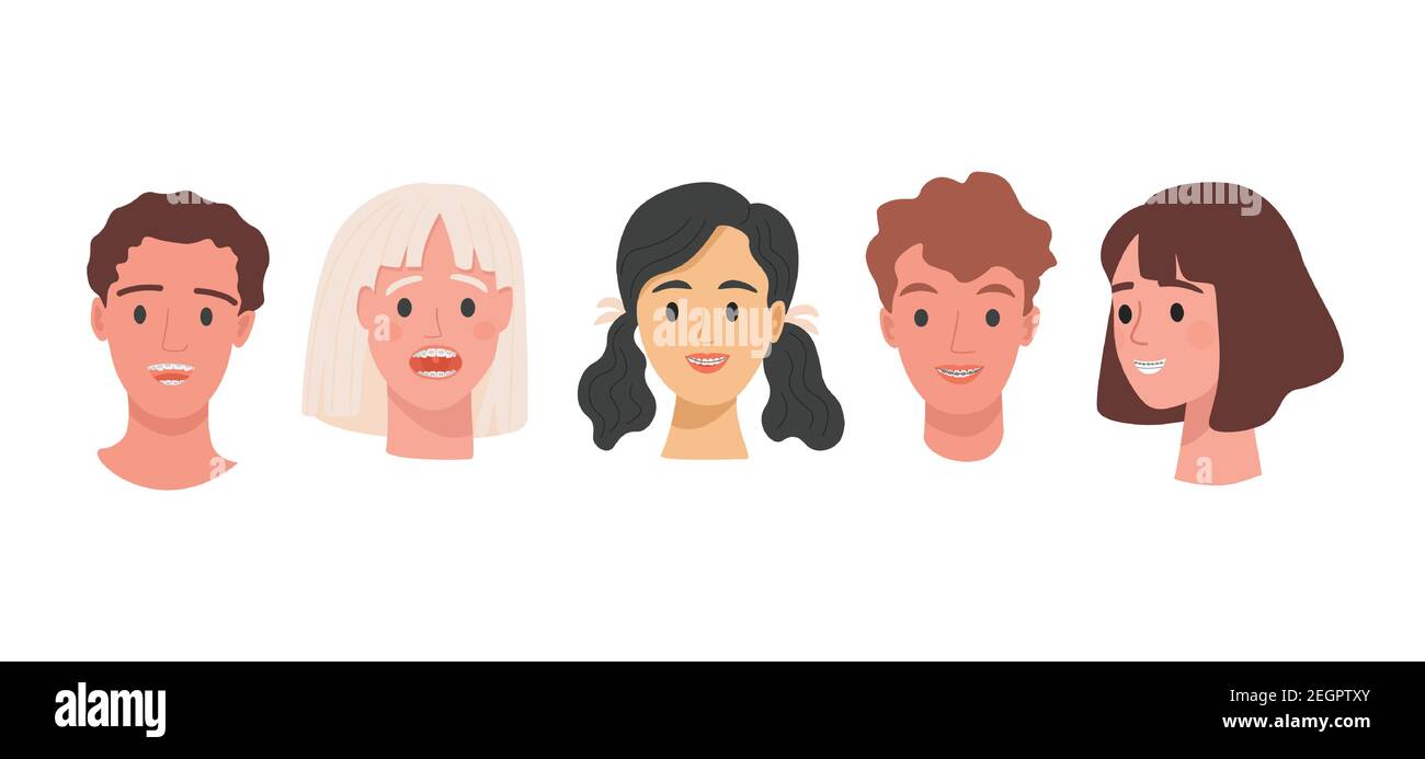 Set of human heads with braces on teeth vector flat illustration ...