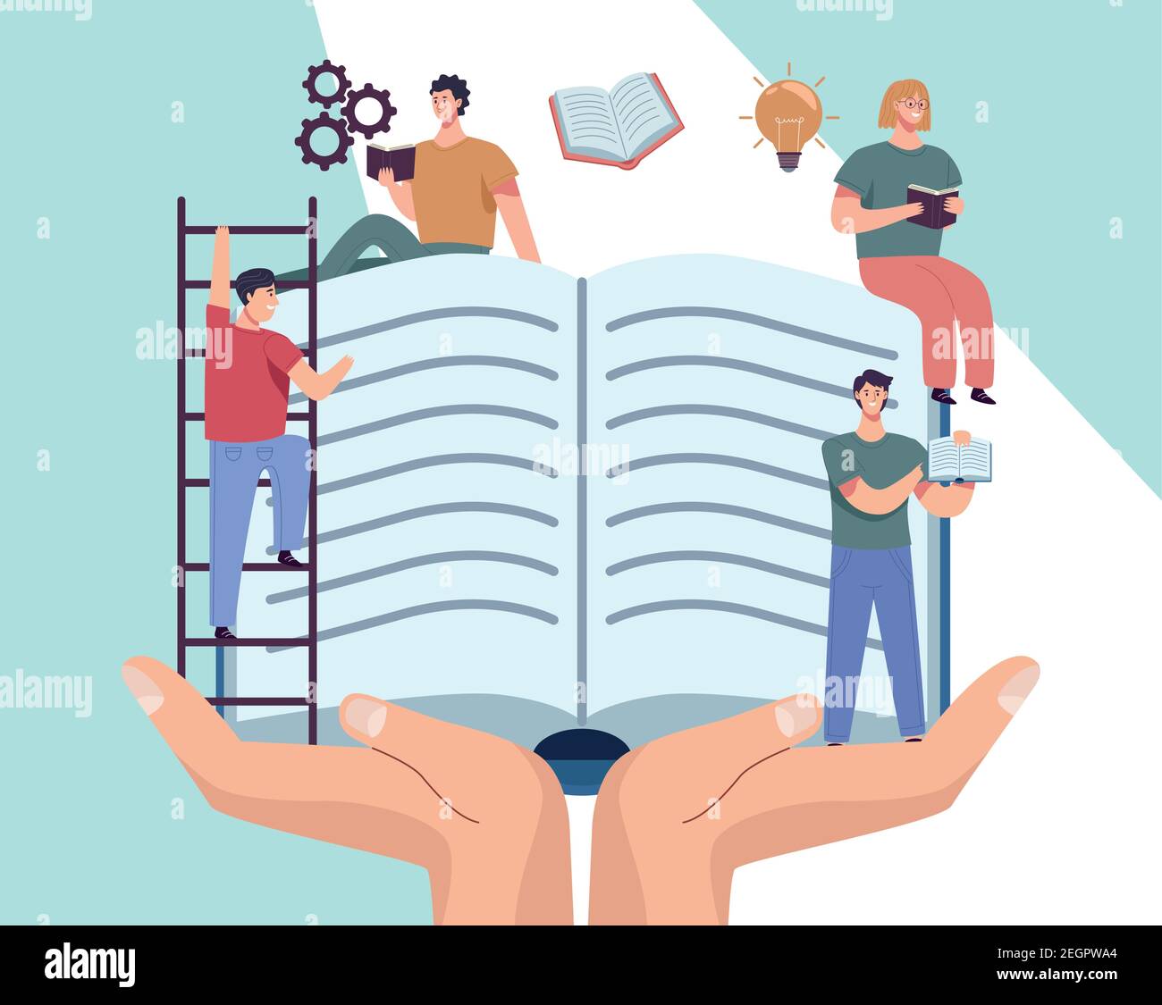 group of readers with books in hands characters vector illustration ...