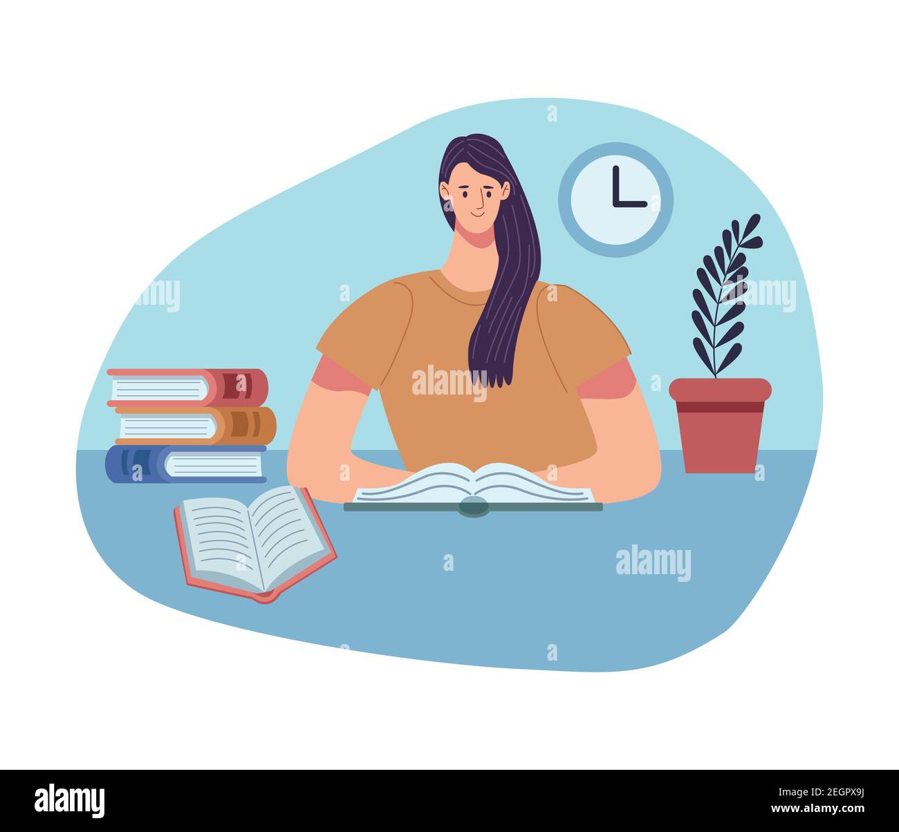 Reader Girl Reading Book Seated In Workplace Character Vector