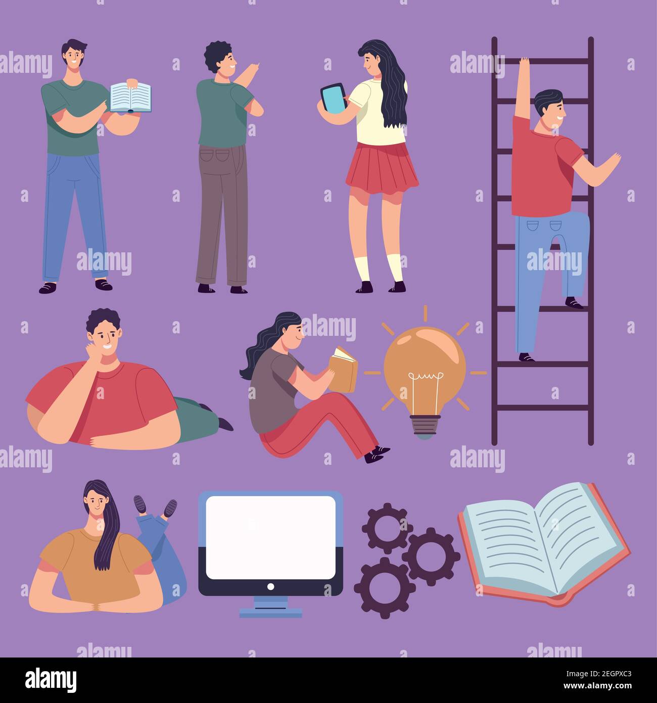 group of readers people with books and set icons vector illustration ...