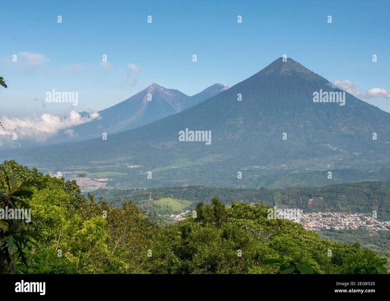 acatenango volcano withits two peaks left and Fuego volcanoe right ...