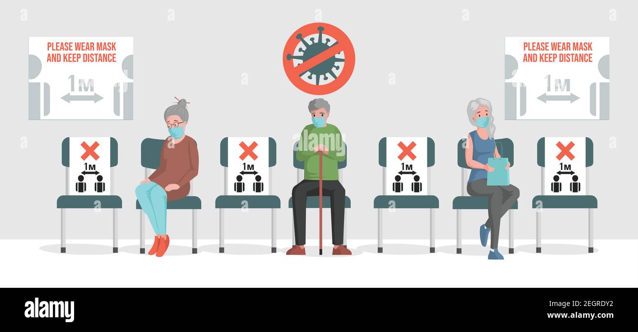 People sitting in line, keep safe social distance vector flat ...